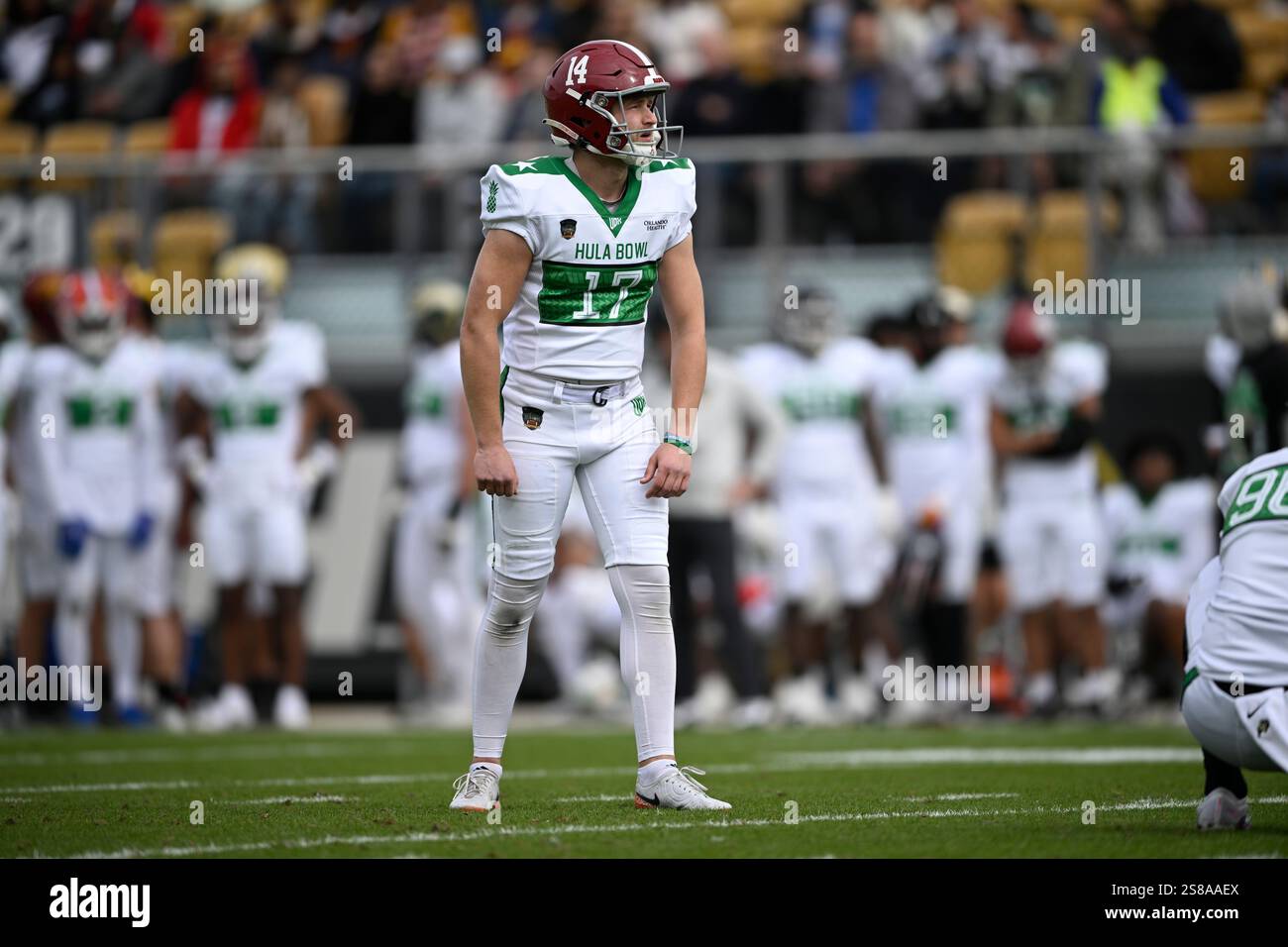 Team Kai kicker Graham Nicholson (17), of Alabama, sets up to kick a ...