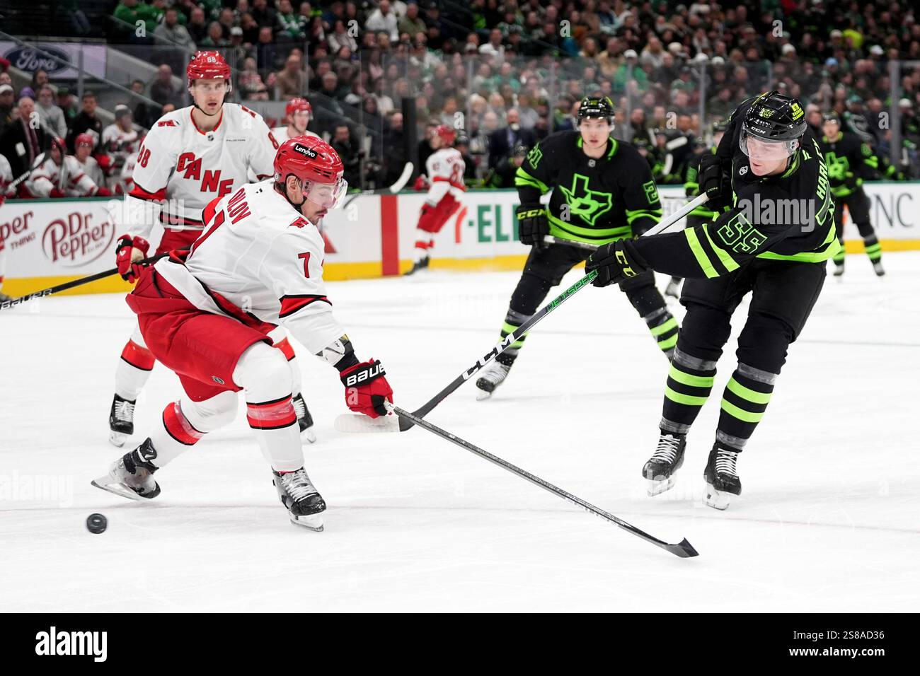 Dallas Stars defenseman Thomas Harley (55) shoots as Carolina ...