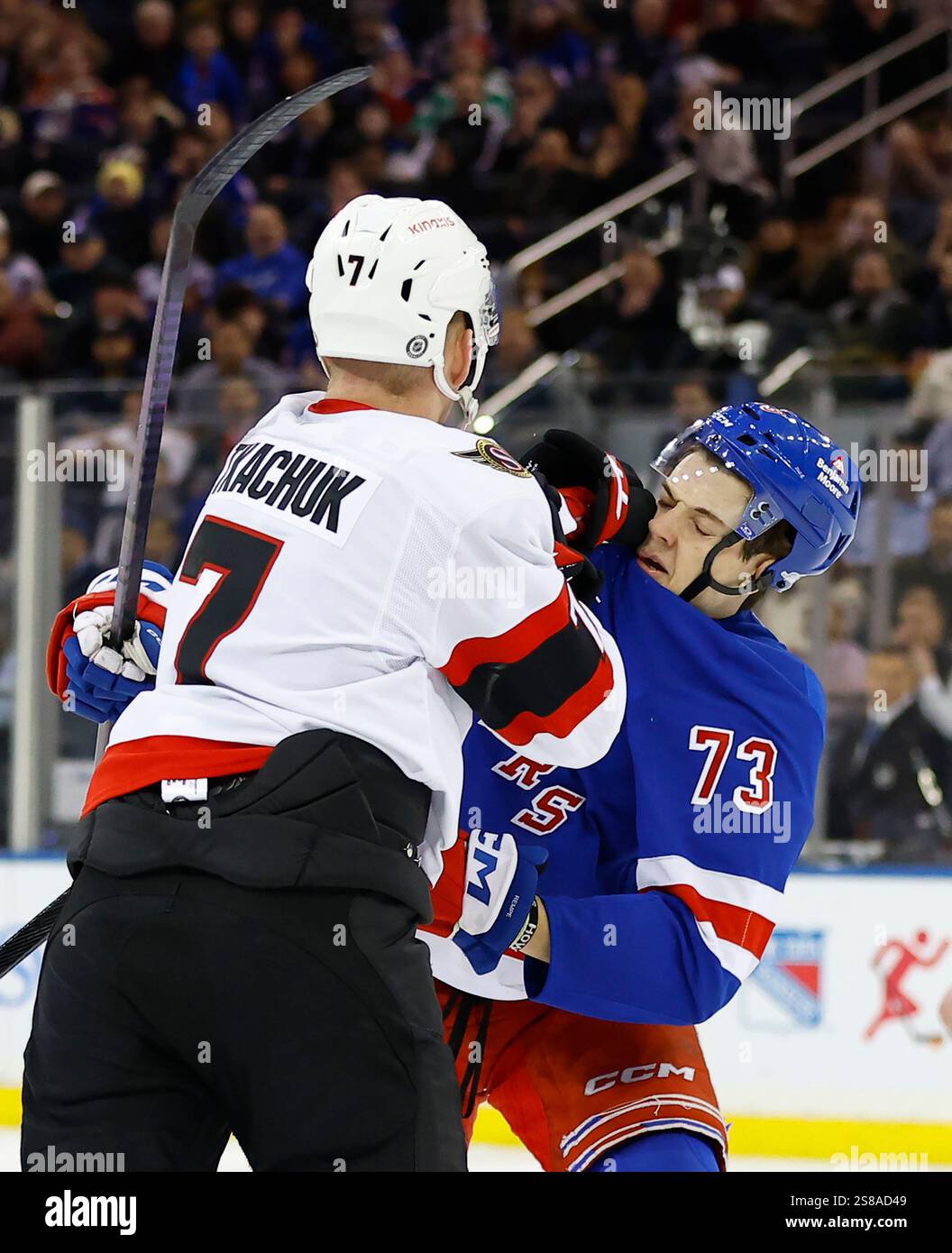 Ottawa Senators left wing Brady Tkachuk and New York Rangers center ...
