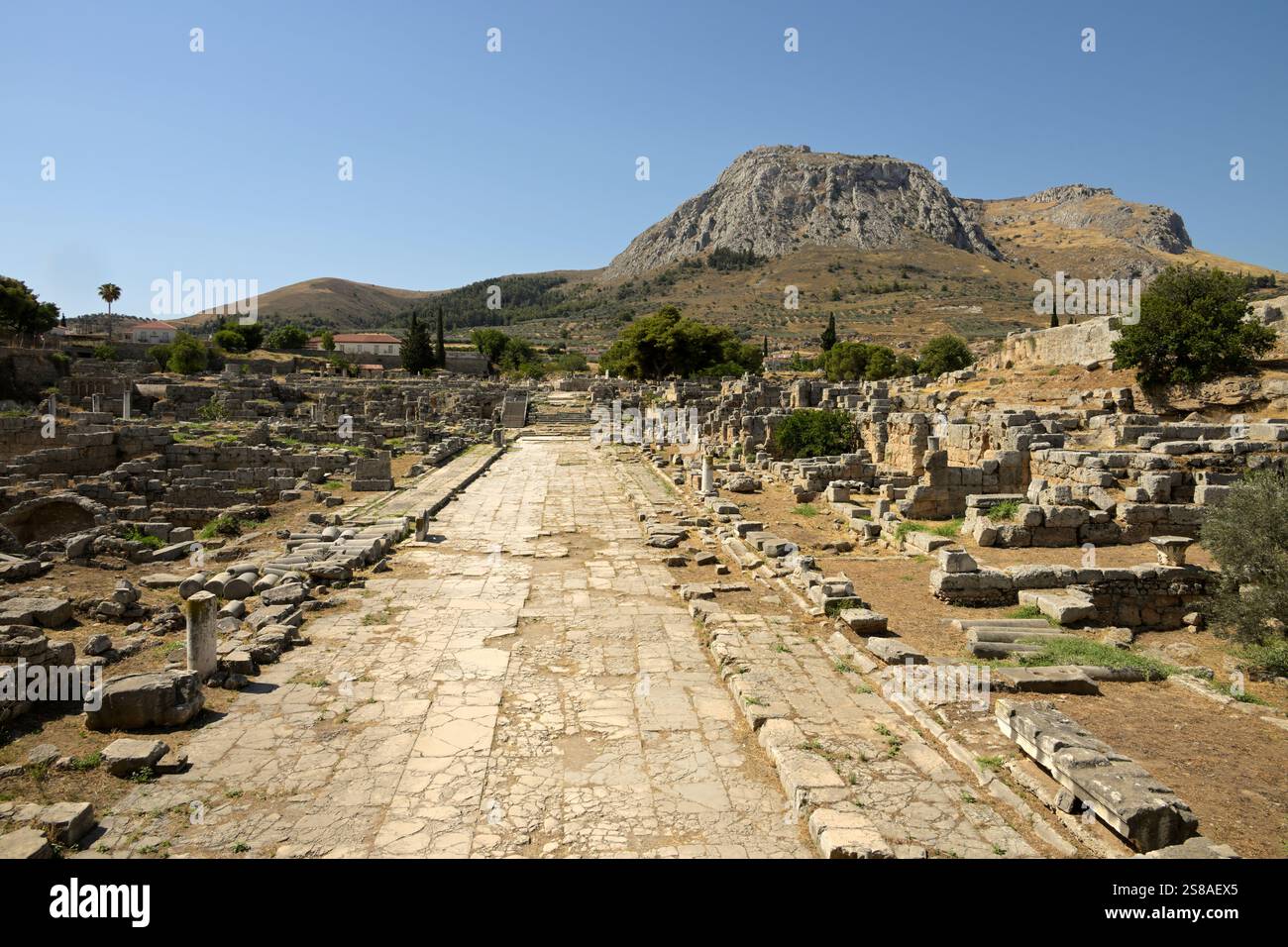 The archaeological site of Ancient Corinth. Leading to the Forum, the ...