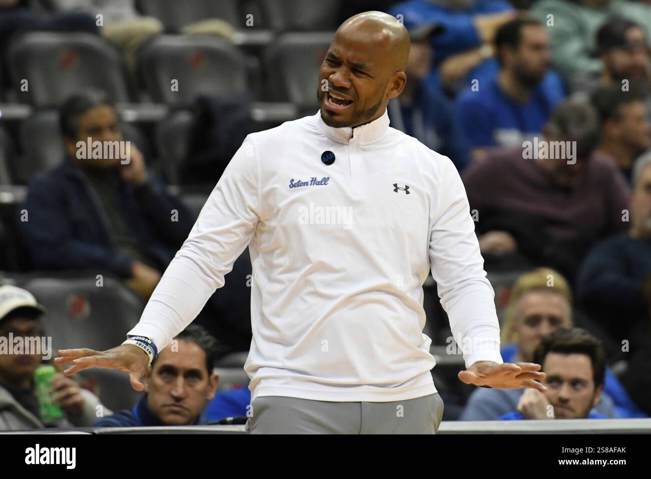 Seton Hall head coach Shaheen Holloway stands on the court during the ...