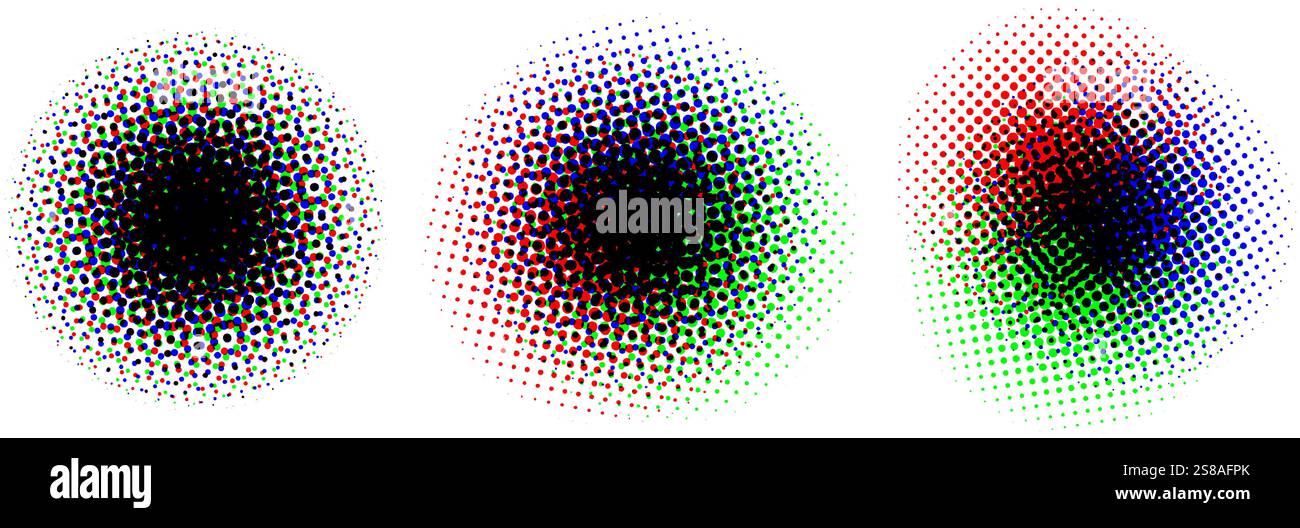 Halftone round background set. RGB color dotted half tone shapes ...