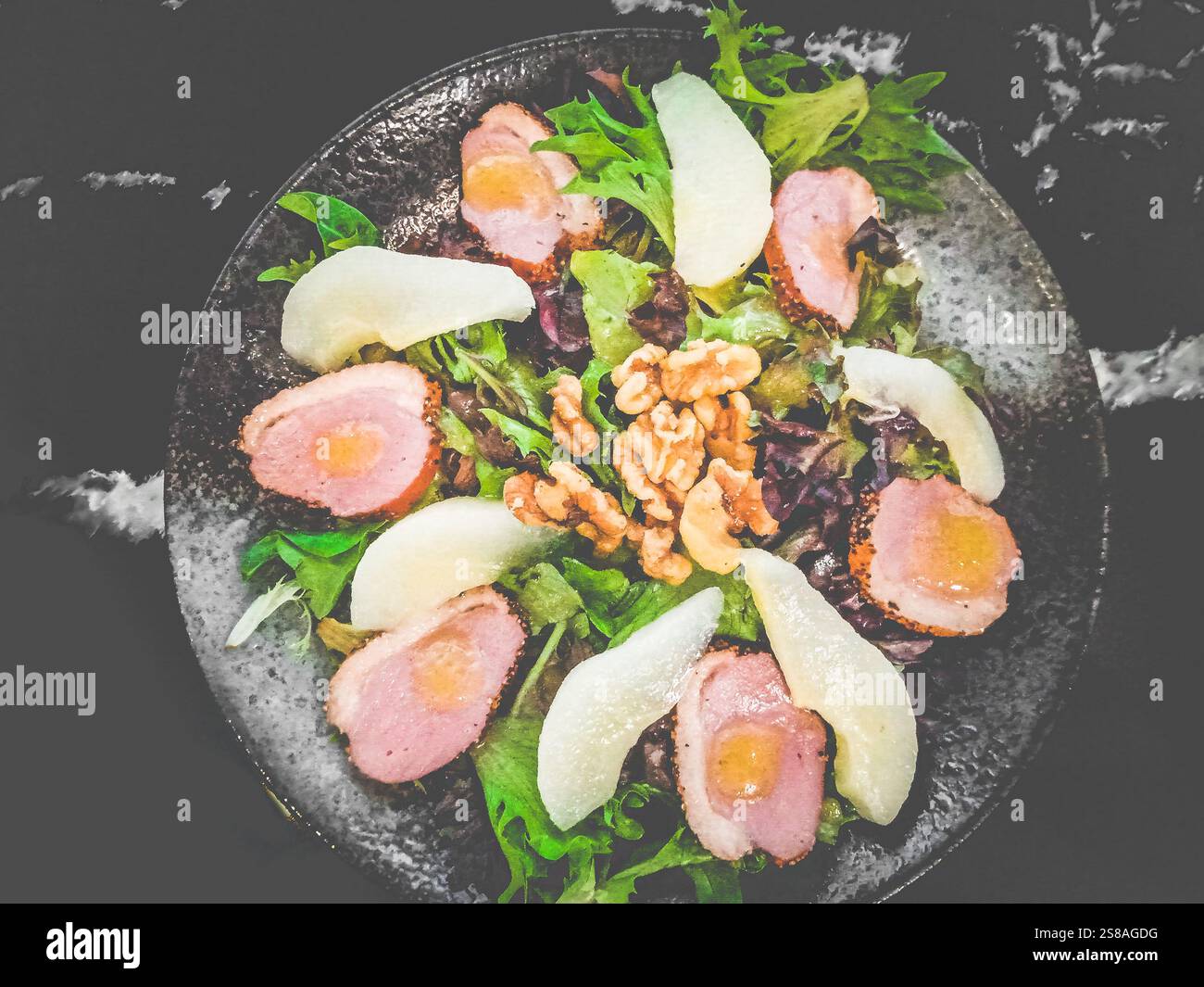 SMOKED DUCK and PEAR with Mixed salad, smoked black pepper duck, pear ...