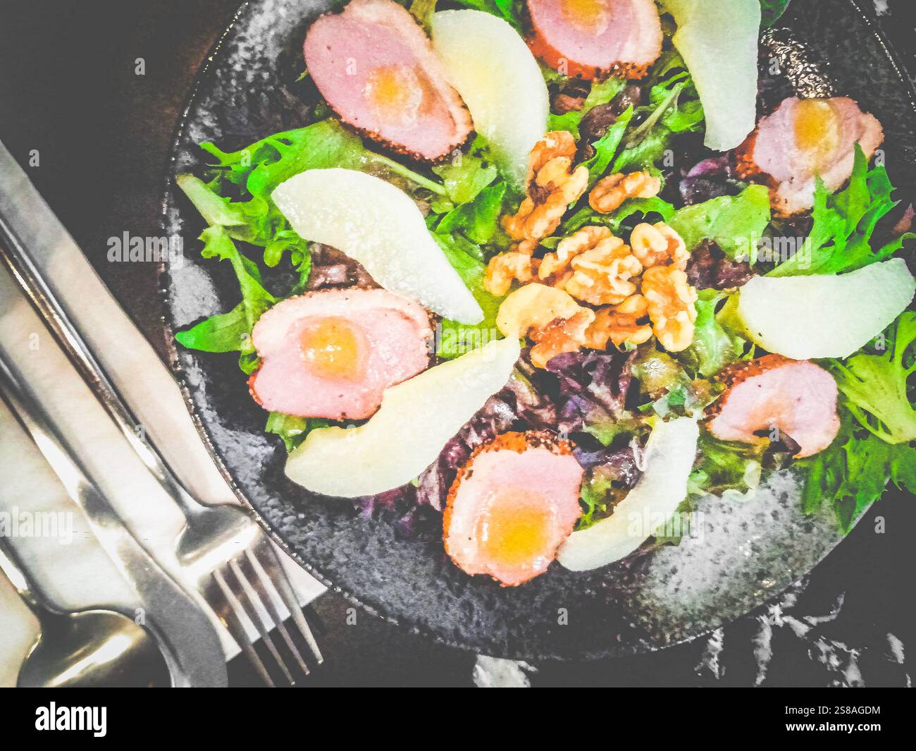 SMOKED DUCK and PEAR with Mixed salad, smoked black pepper duck, pear ...