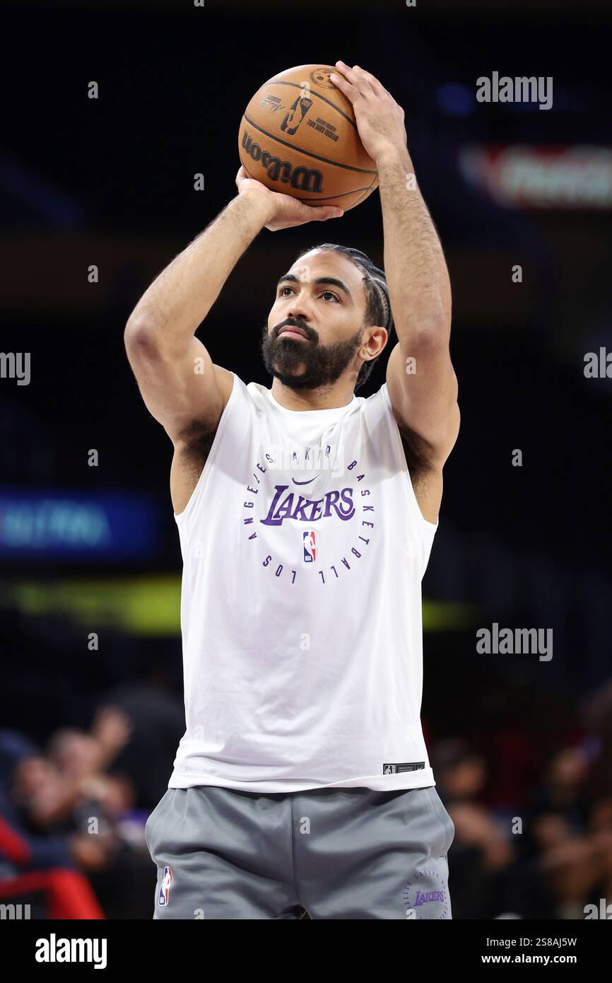 Los Angeles Lakers guard Gabe Vincent warms up prior to the start on an ...