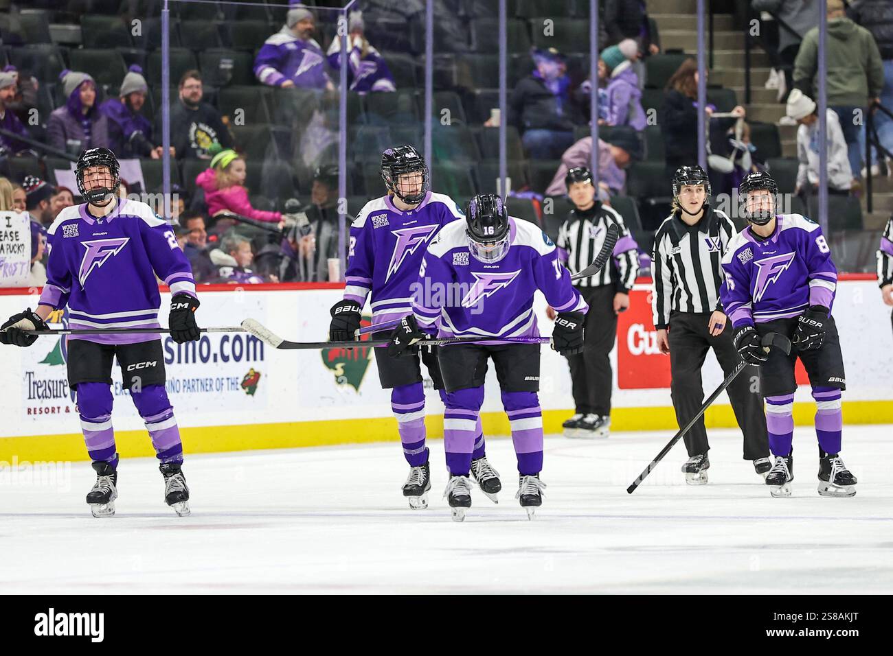 January 21st, 2025: Minnesota Frost players look on after a PWHL hockey ...