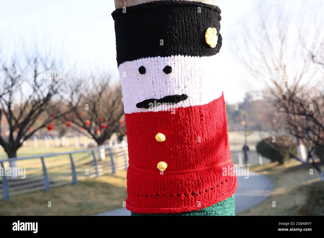 Trees in a park are put on brightly colored "sweaters" for winter in ...
