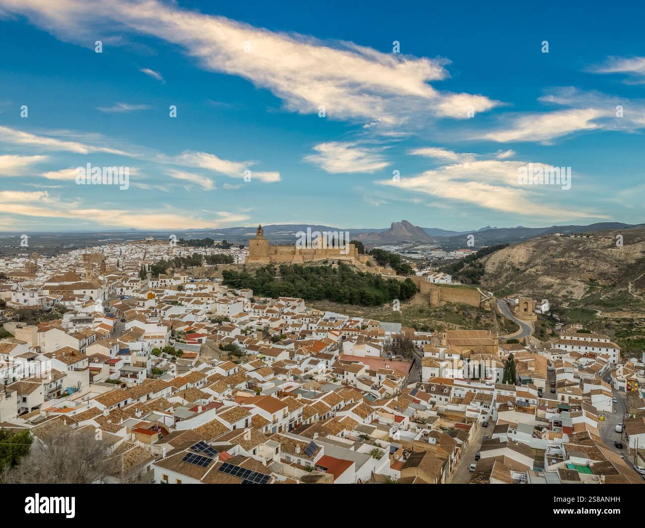 Aerial view of Antequera Moorish fortress with rectangular keep, city ...