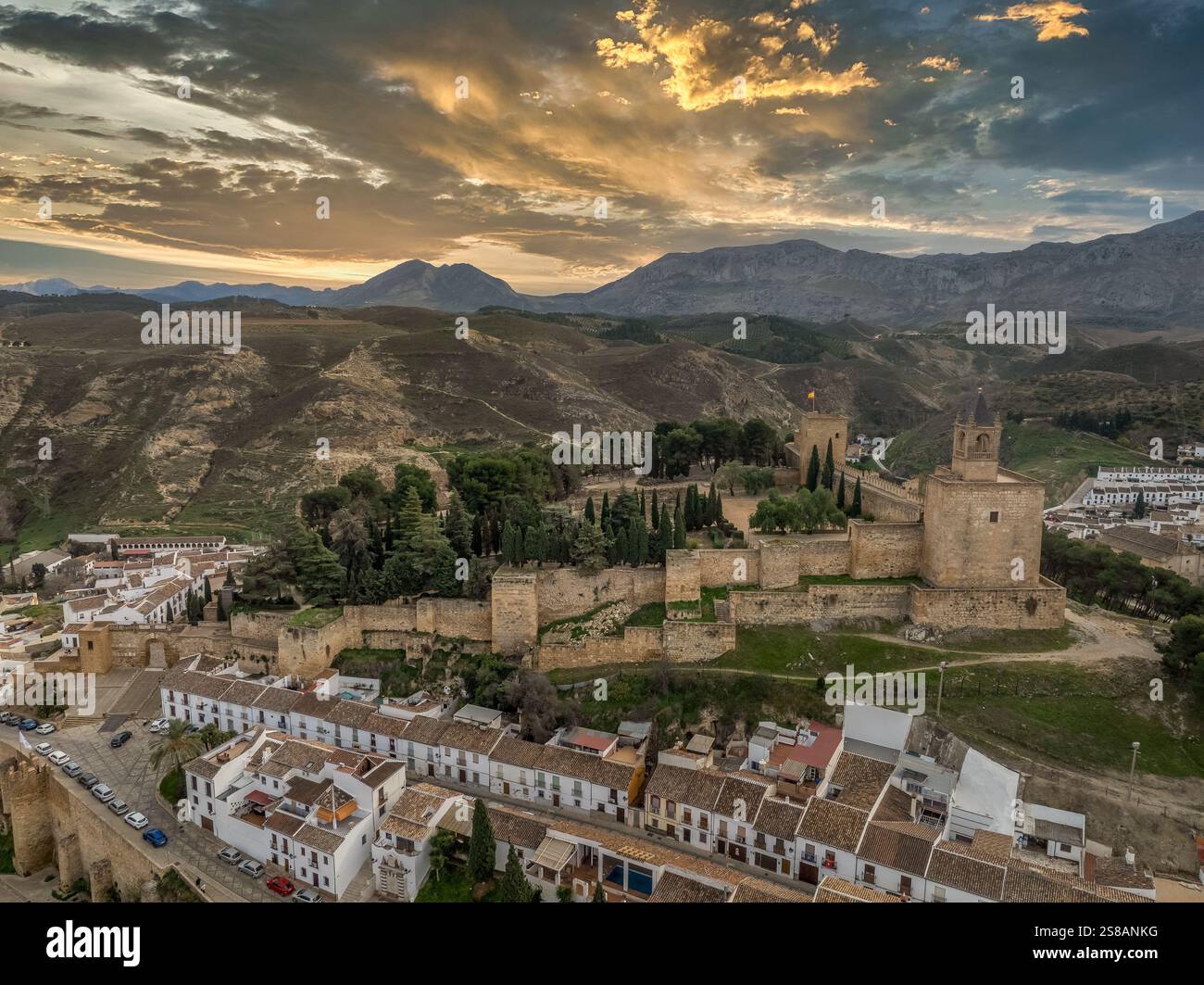 Aerial view of Antequera Moorish fortress with rectangular keep, city ...