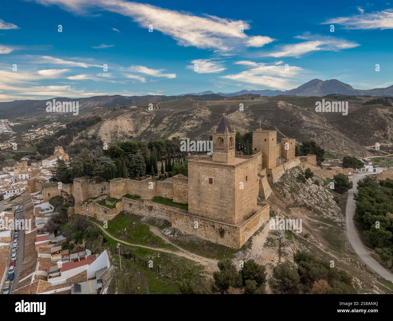 Aerial view of Antequera Moorish fortress with rectangular keep, city ...
