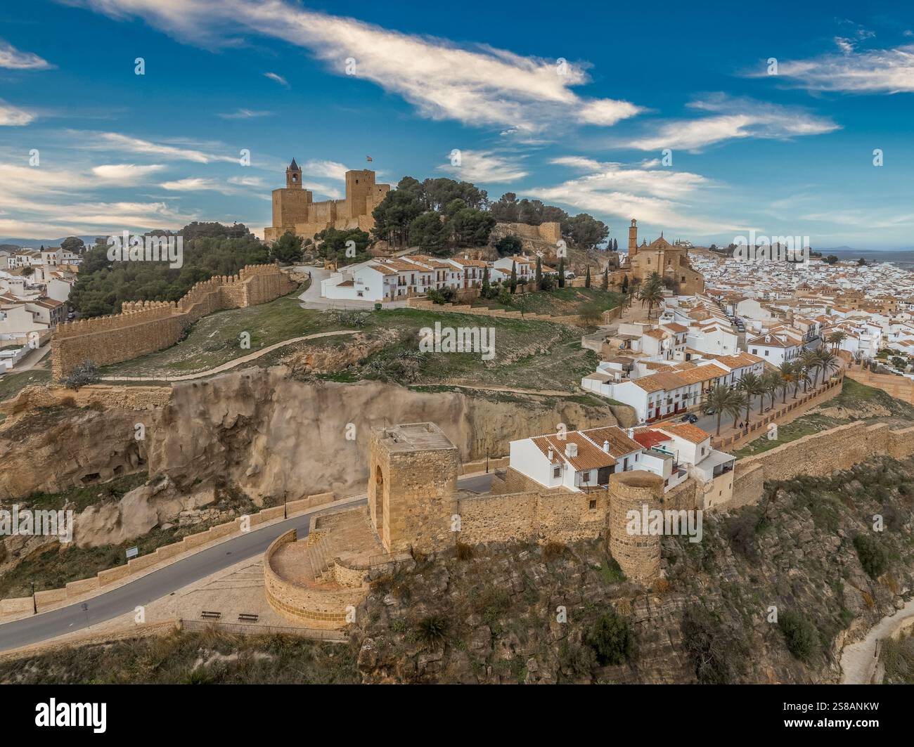 Aerial view of Antequera Moorish fortress with rectangular keep, city ...