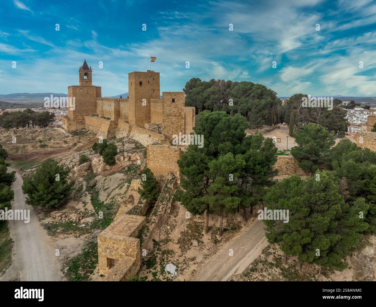 Aerial view of Antequera Moorish fortress with rectangular keep, city ...