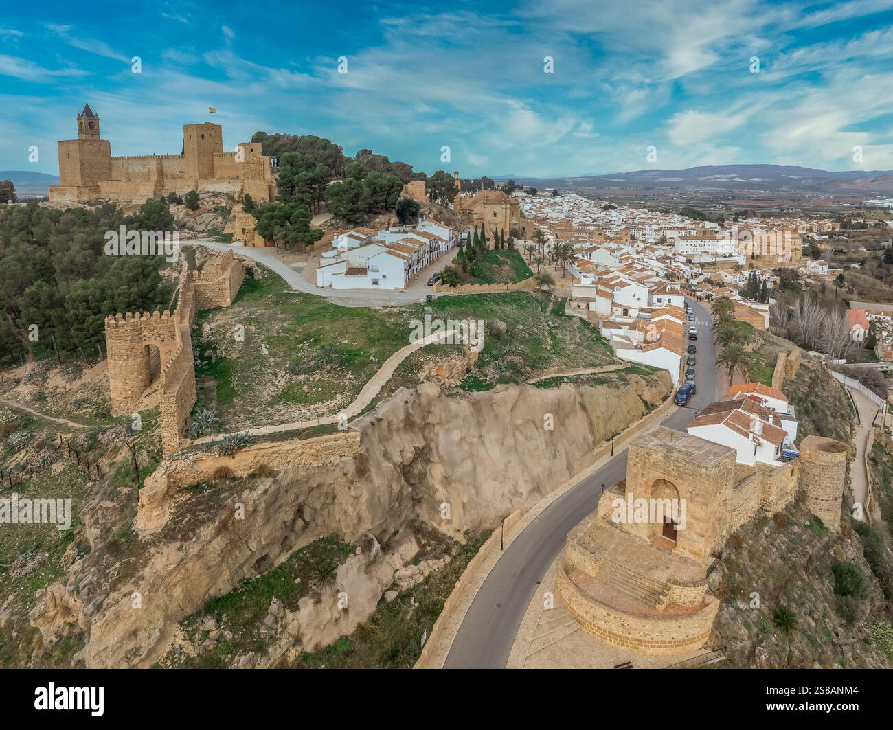 Aerial view of Antequera Moorish fortress with rectangular keep, city ...