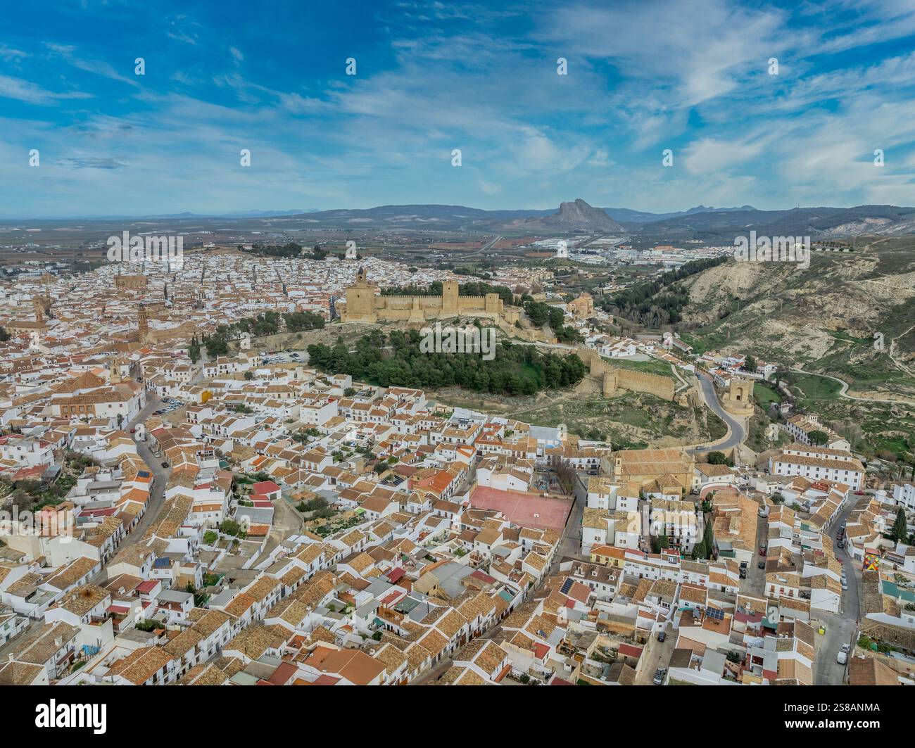 Aerial view of Antequera Moorish fortress with rectangular keep, city ...