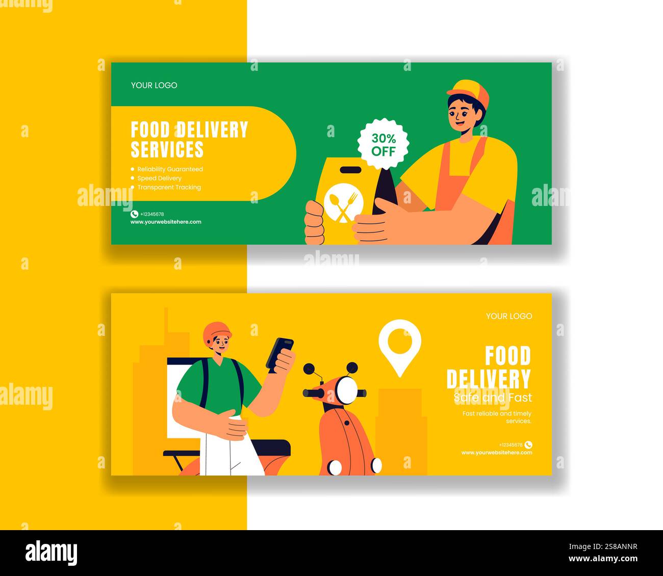Horizontal Banner Templates Featuring Food Delivery in Flat Cartoon ...