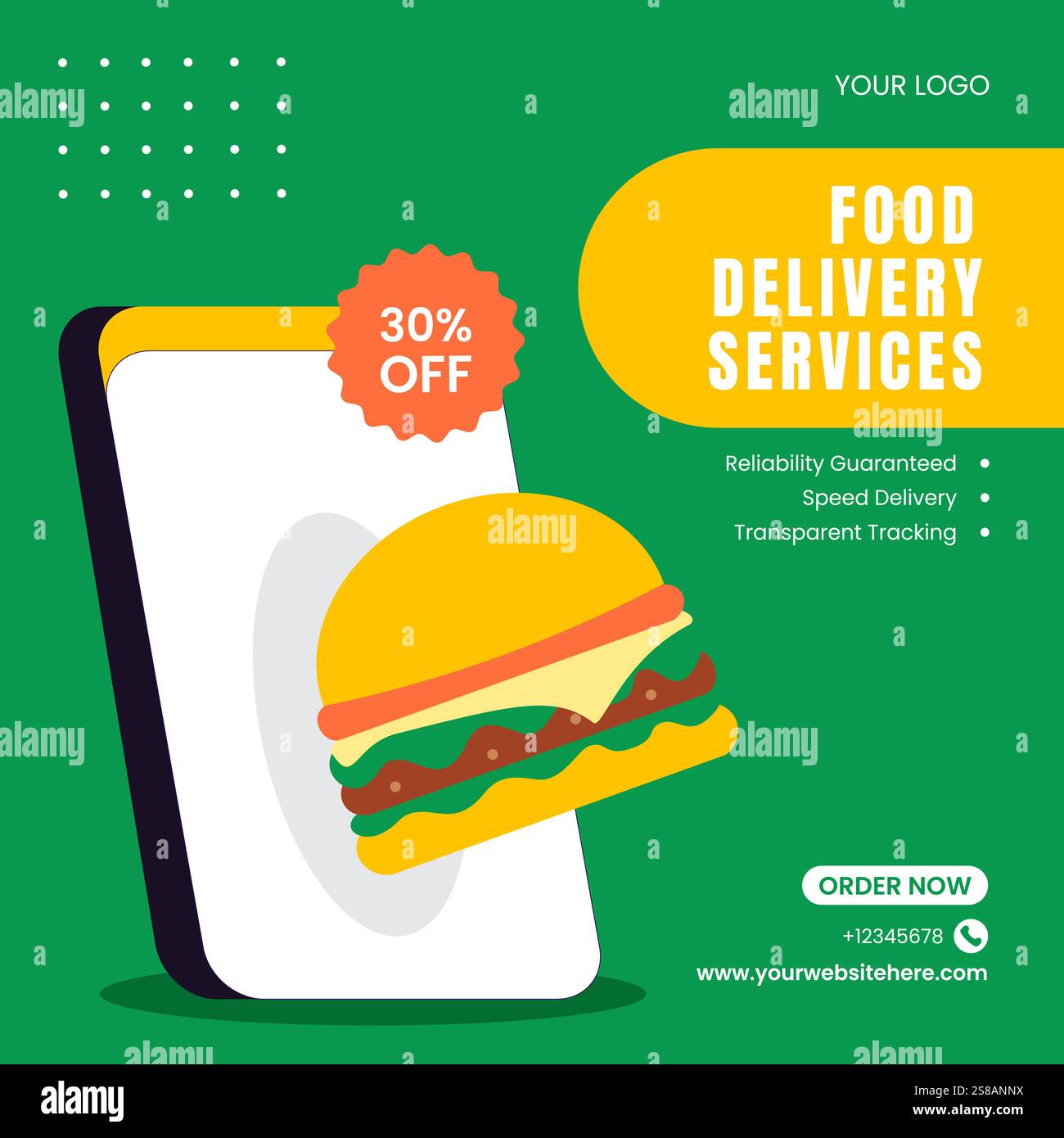 Flat Cartoon Style Food Delivery Vector Illustration for Social Media ...