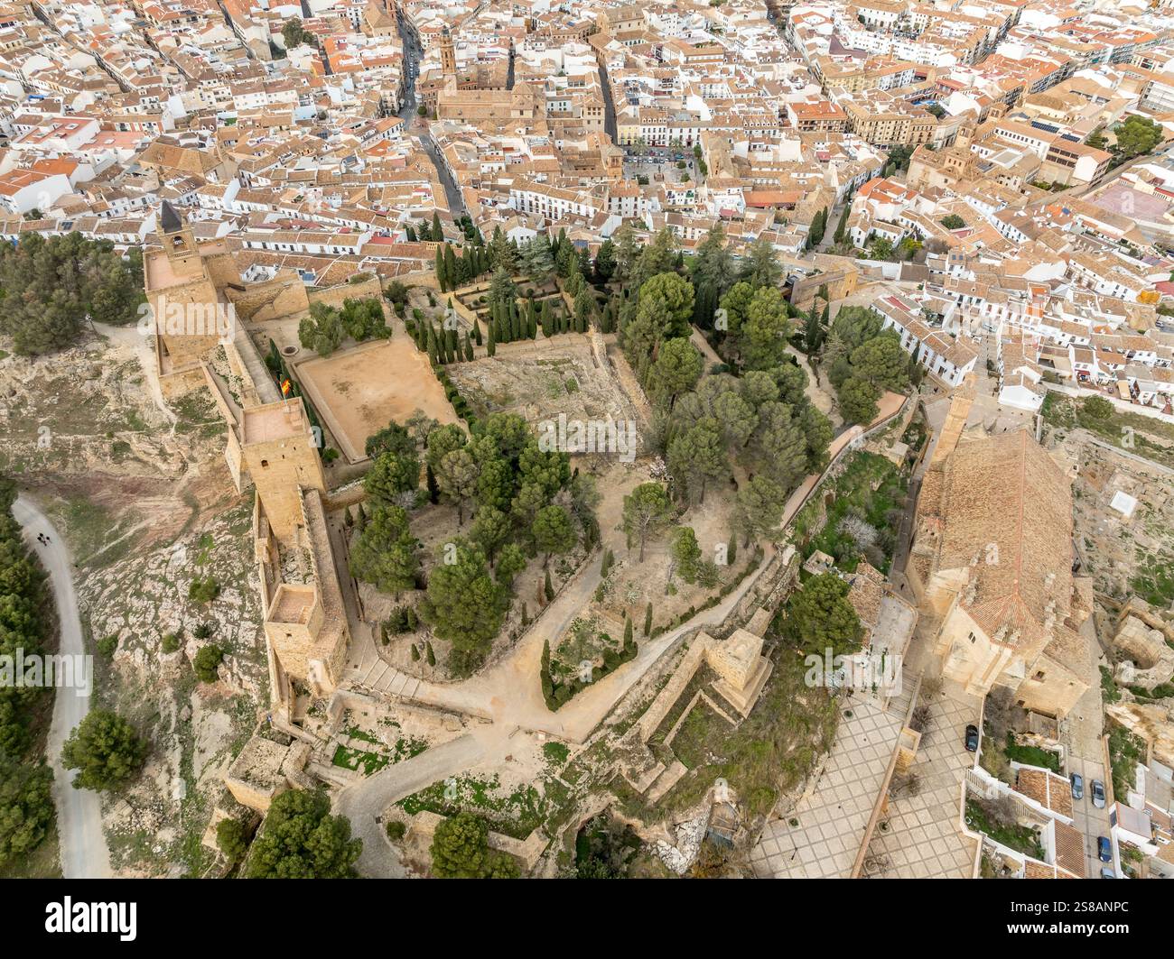 Aerial view of Antequera Moorish fortress with rectangular keep, city ...