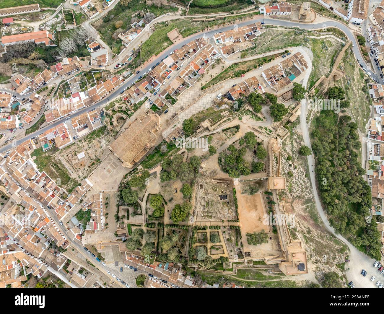 Aerial view of Antequera Moorish fortress with rectangular keep, city ...