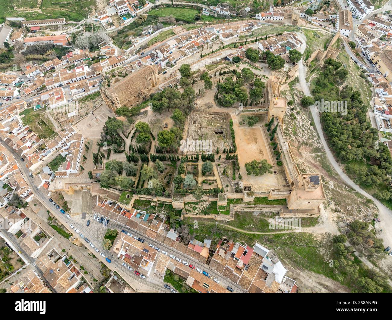 Aerial view of Antequera Moorish fortress with rectangular keep, city ...