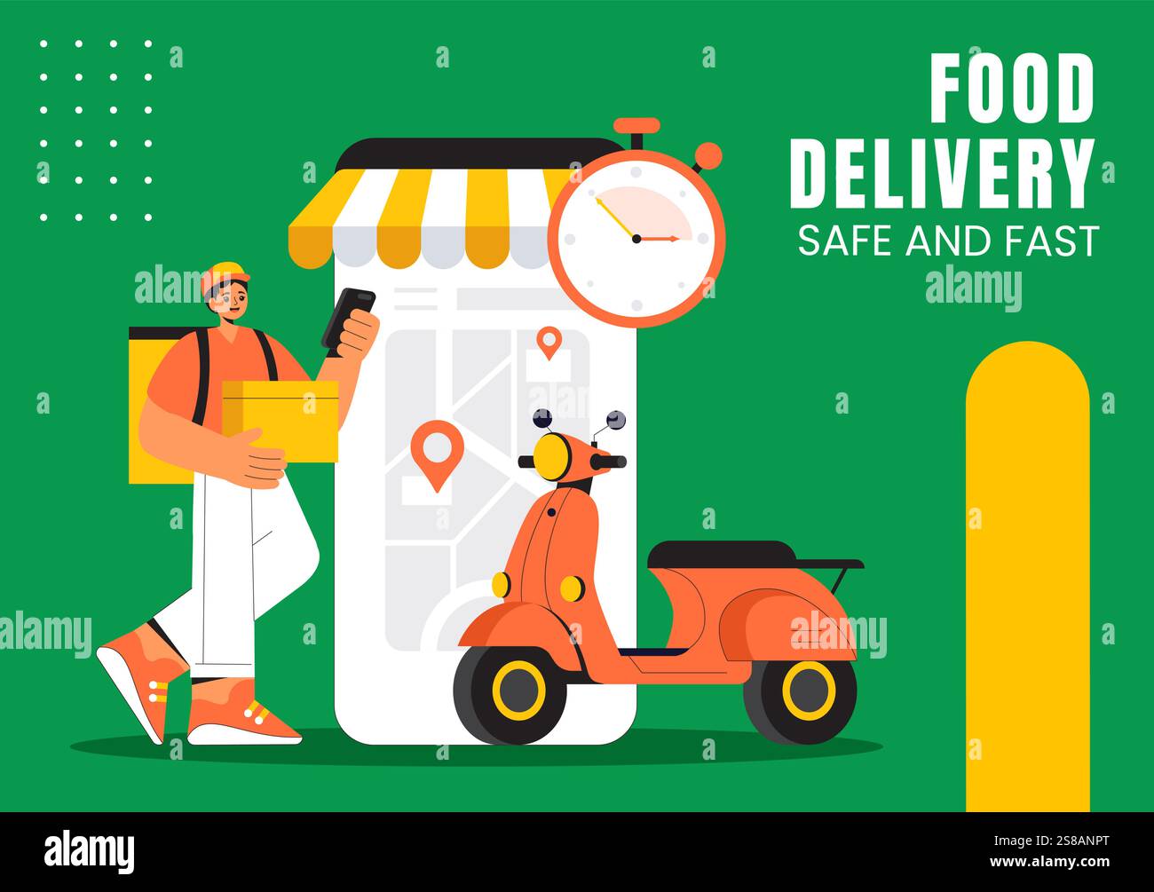 Flat Cartoon Style Food Delivery Vector Illustration for Social Media ...