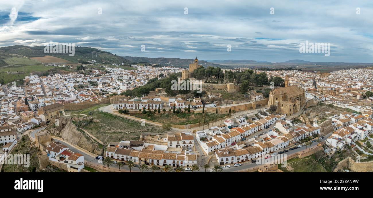 Aerial view of Antequera Moorish fortress with rectangular keep, city ...