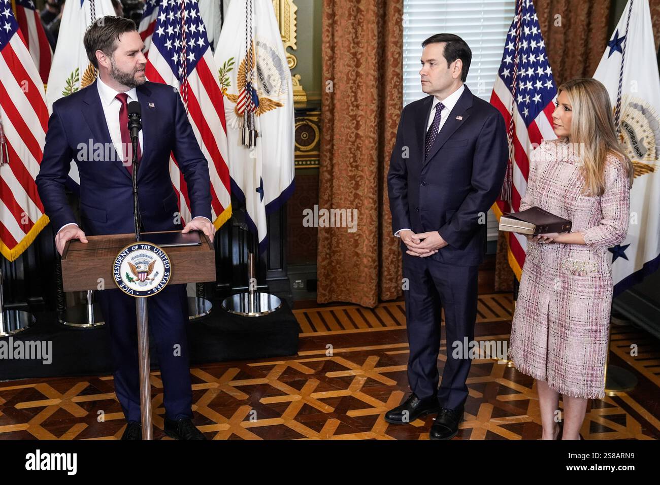United States Vice President J.D. Vance speaks before swearing in Marco ...