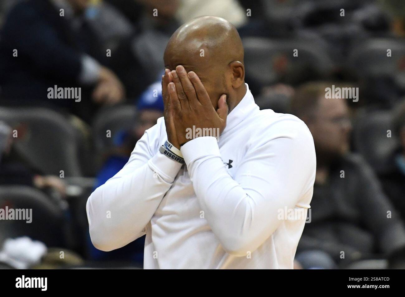 Seton Hall head coach Shaheen Holloway stands on the court during the ...