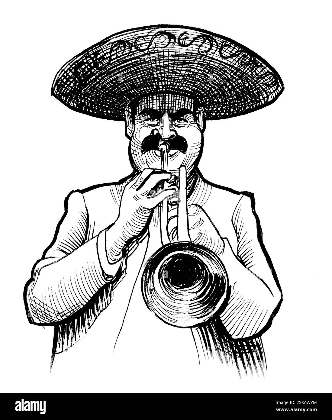 Mexican musician. Hand drawn ink black and white illustration Stock ...