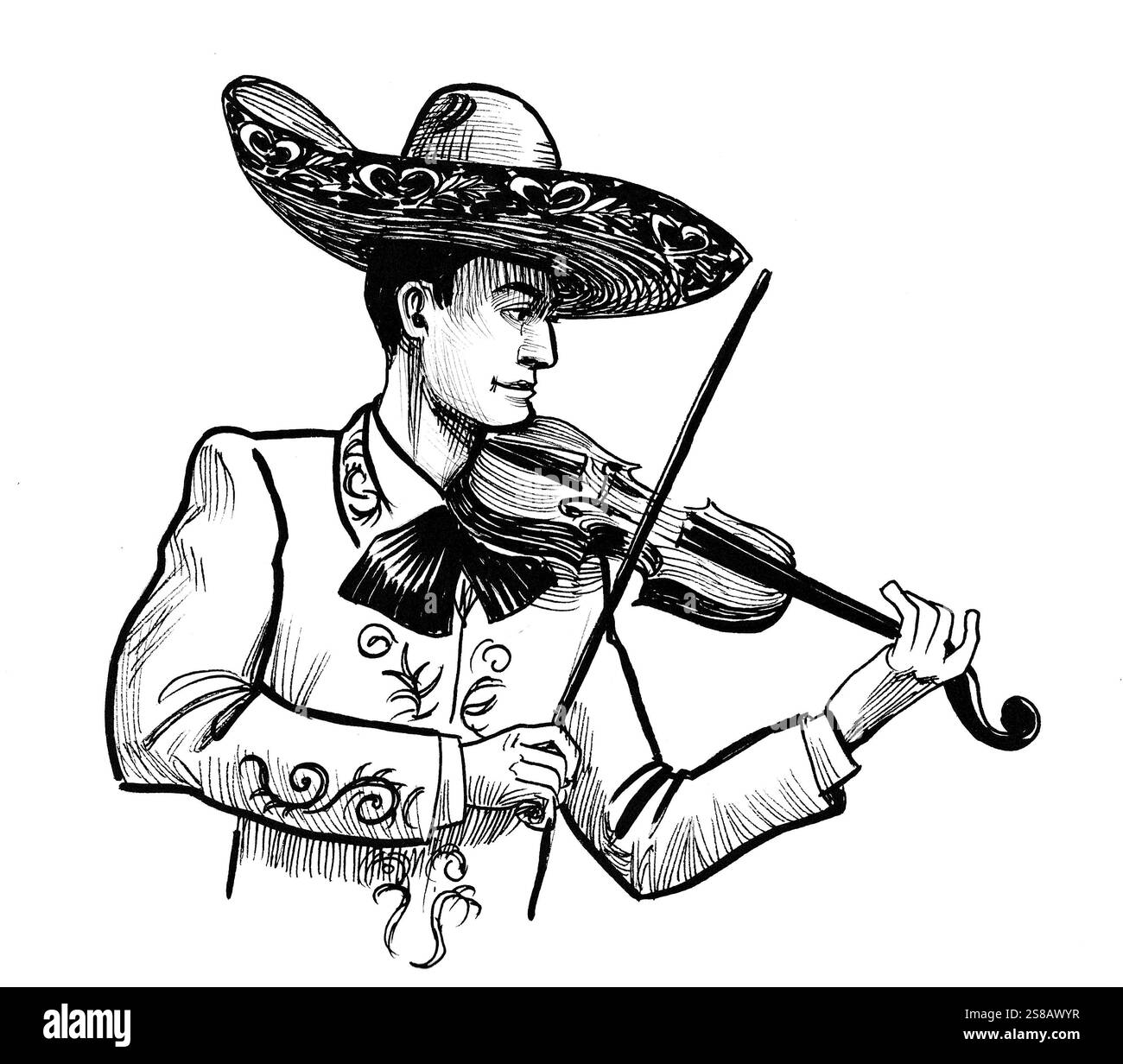 Mexican musician. Hand drawn ink black and white illustration Stock ...