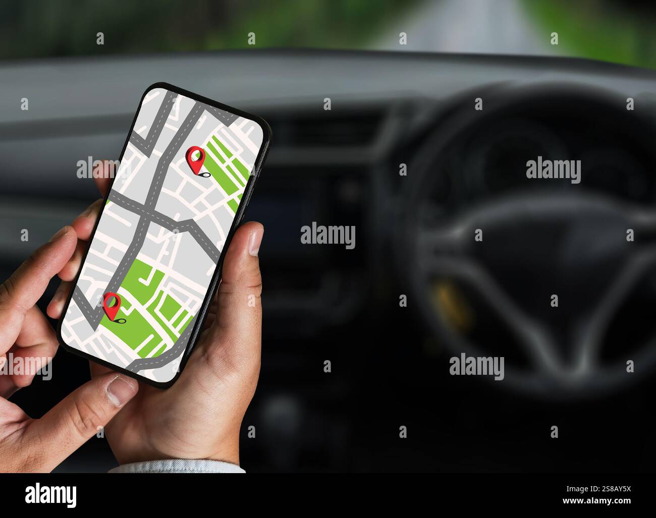 gps map ,man using a smartphone displaying a map in a car gps ...