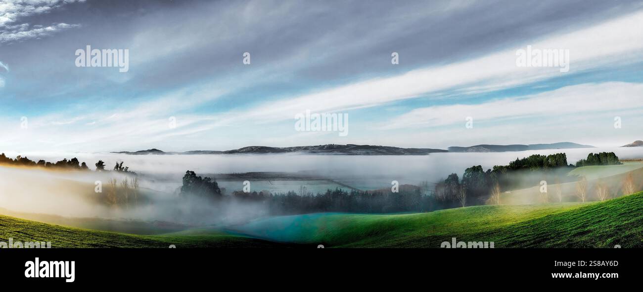 Thick fog in the valley, mist of the hills and frost on the fields ...