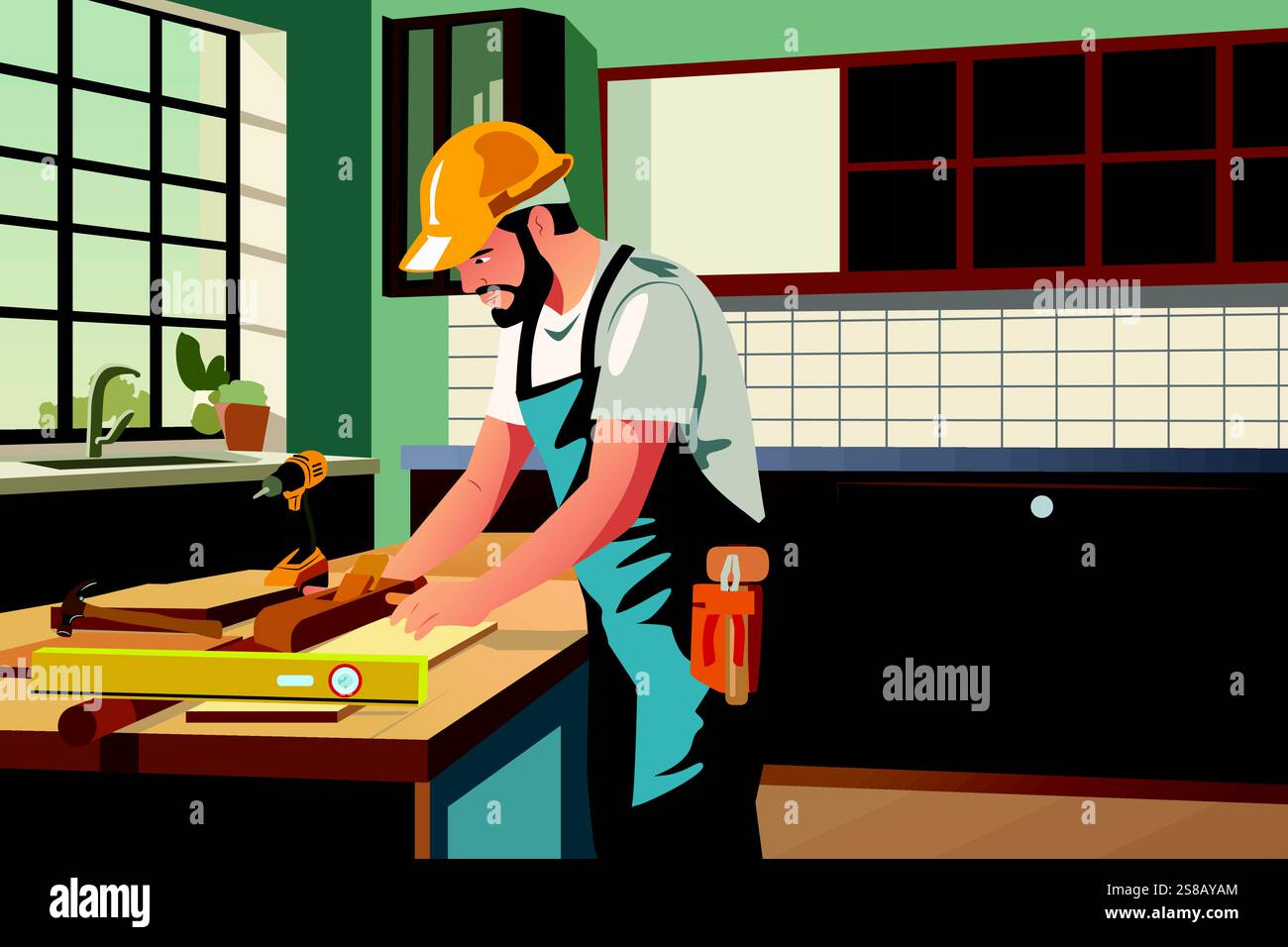 A vector illustration of Carpenter Making Kitchen Cabinet at Home ...