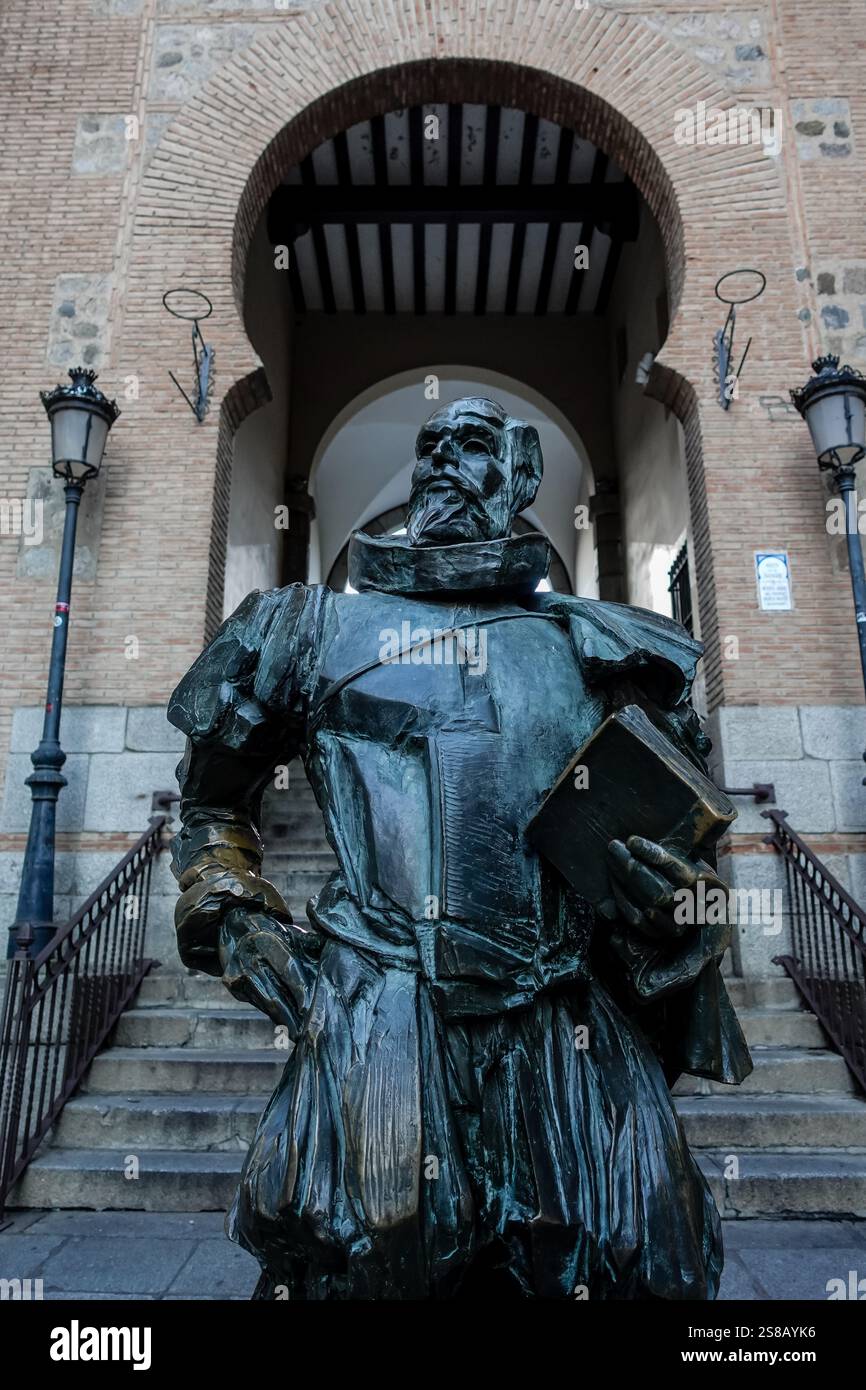 Bronze statue of Miguel de Cervantes, the famous author of Don Quijote ...
