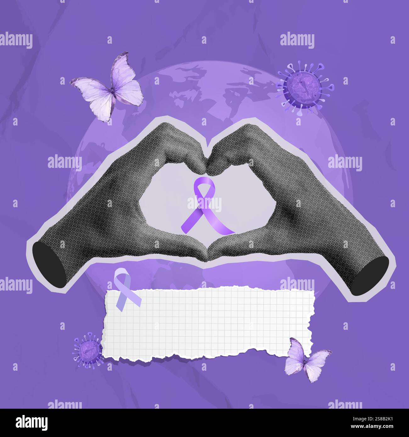 Hands forming a heart shape with a purple ribbon for World Cancer Day ...