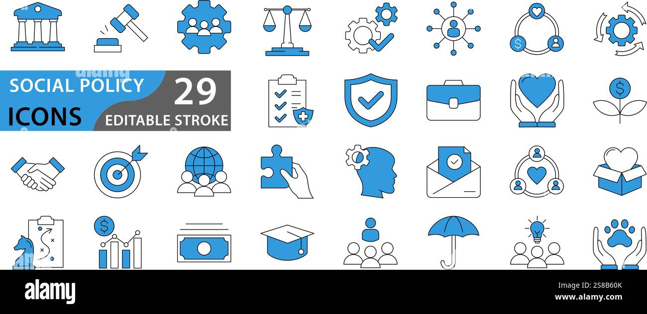 Social Policy web icons. Education, government, welfare, reforms ...