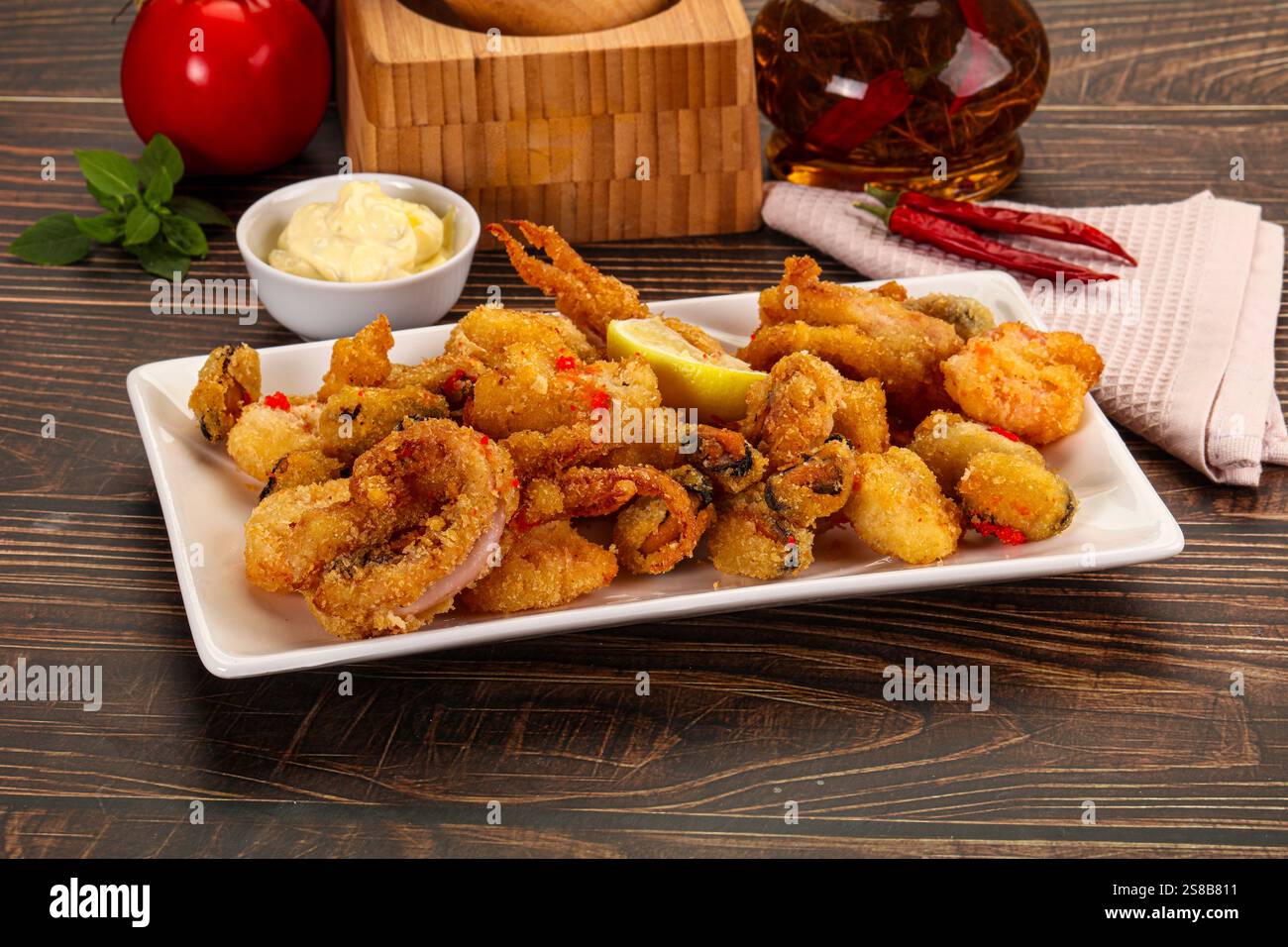 Fritto misto - deep fried seafood mix - calamari, prawn, fish, mussels ...
