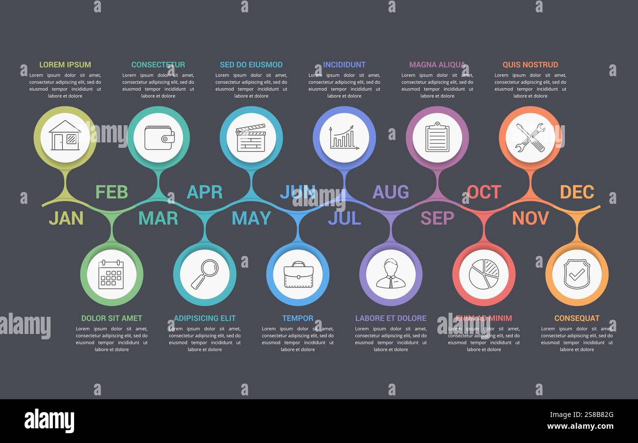 Timeline infographics with 12 months, vector eps10 illustration Stock ...