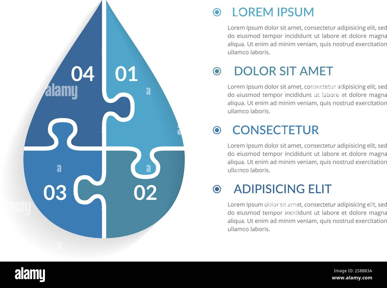 Water drop divided on four puzzle pieces with numbers and text, water ...