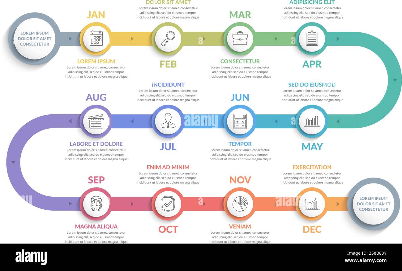 Timeline infographics with 12 months, vector eps10 illustration Stock ...