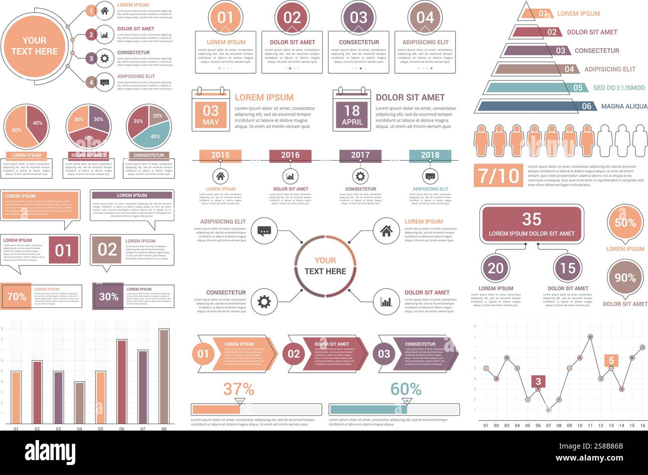 Infographic elements - bar and line charts, percents, pie charts, steps ...