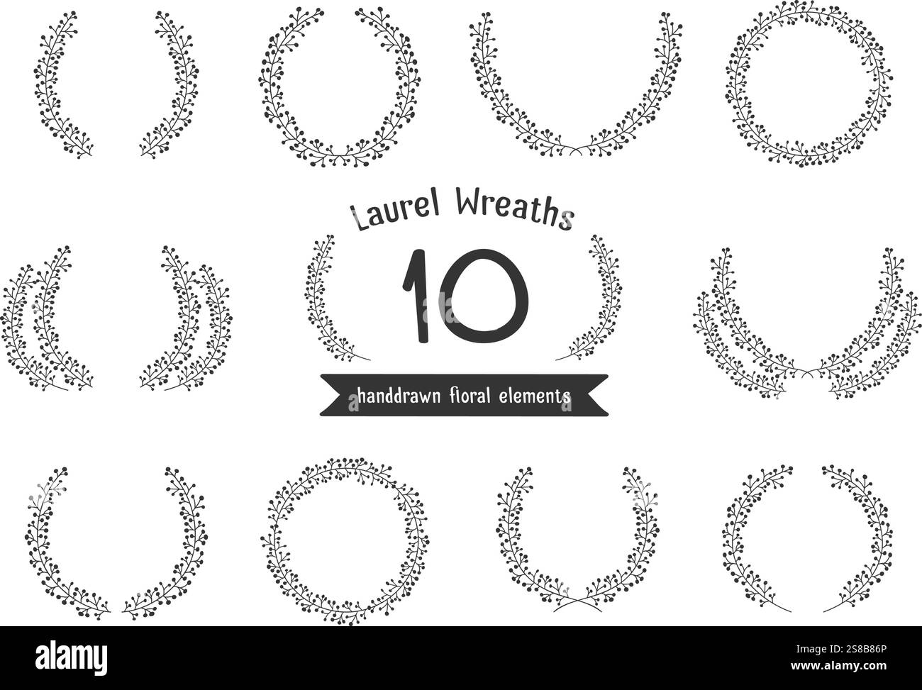 10 Hand drawn laurel wreaths on white background, vector eps10 ...