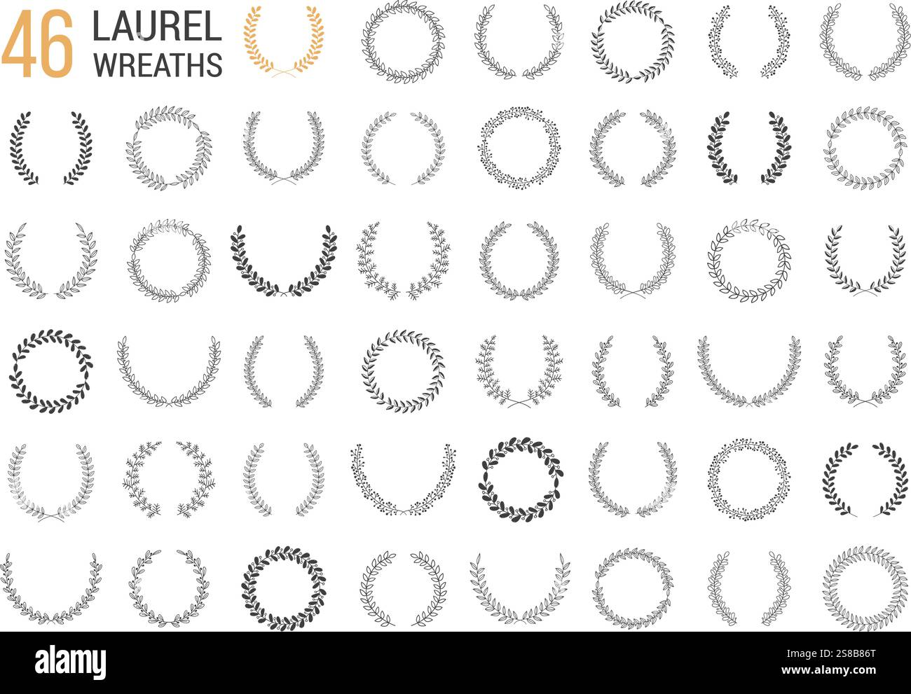 Set of 46 hand drawn laurel wreaths on white background, vector eps10 ...