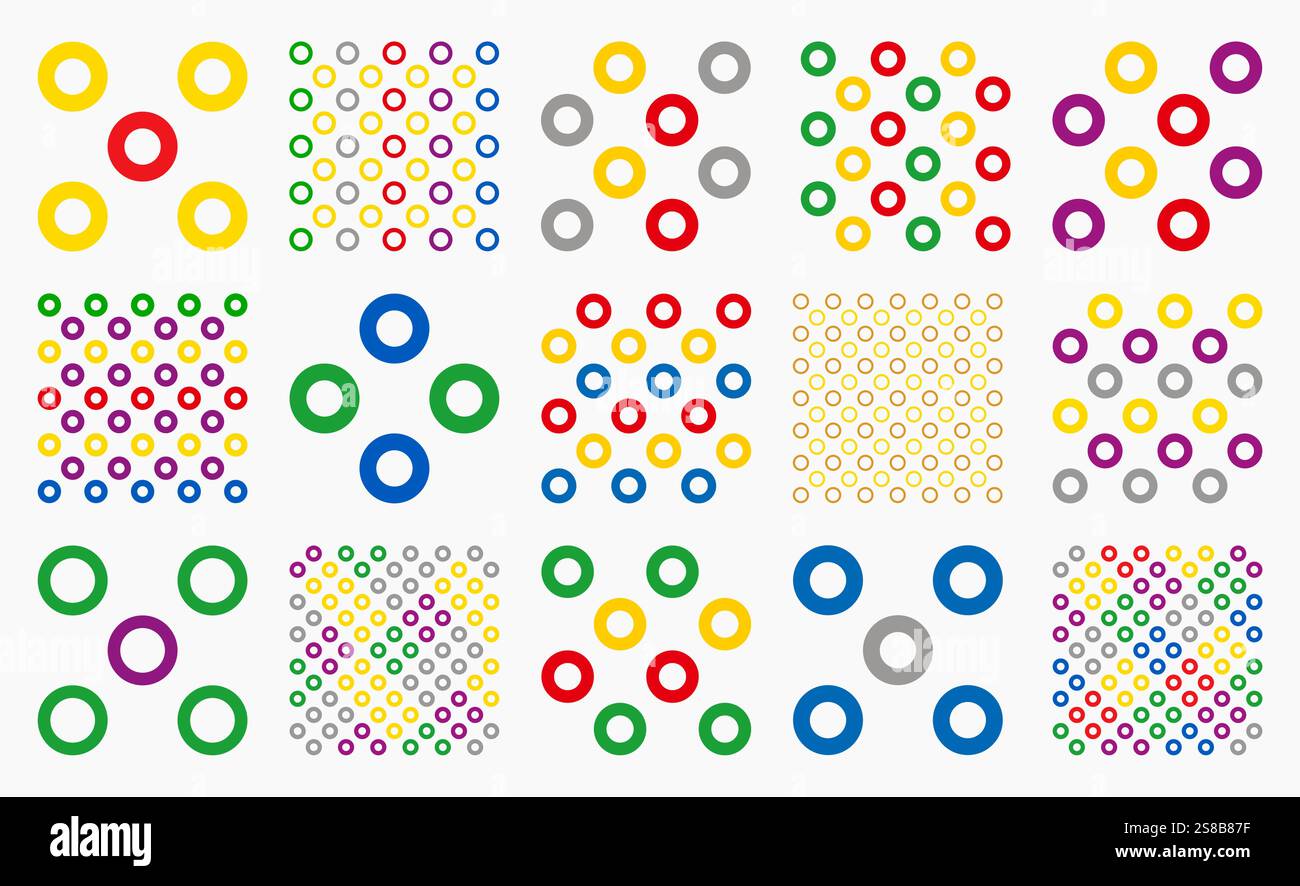 Fun and playful set of seamless vector patterns with colorful rings in ...
