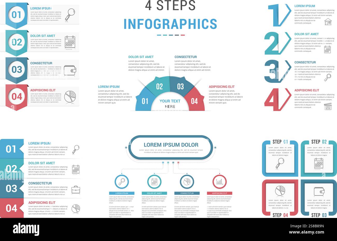 Six infographics templates with 4 steps or options, process chart ...