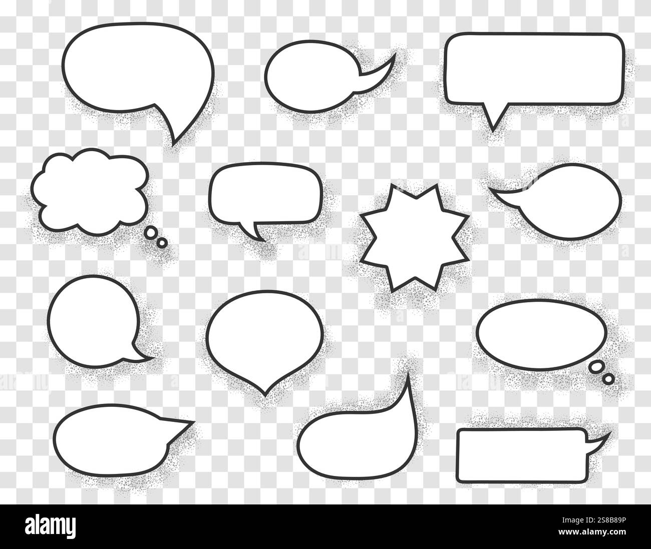 Hand drawn white speech bubbles with black stroke and shadow, vector ...