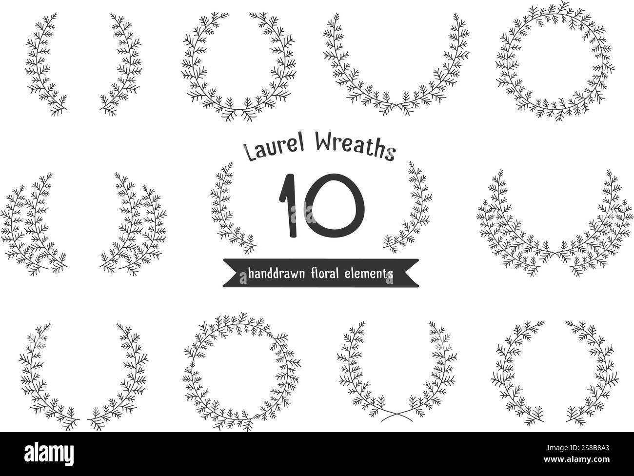 10 Hand drawn laurel wreaths on white background, vector eps10 ...