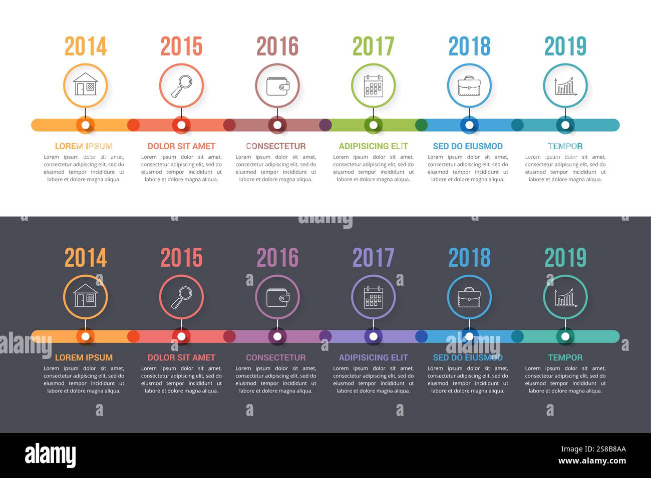 Two timeline templates with colorful circles, workflow or process ...
