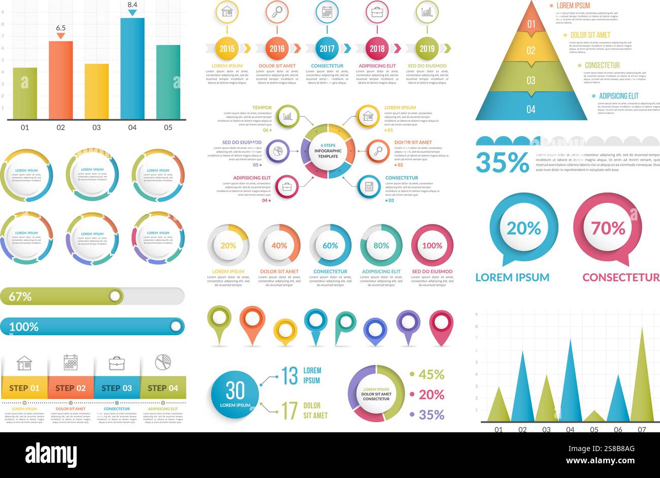 Set of infographic elements - bar chart, pyramid chart, circle diagram ...