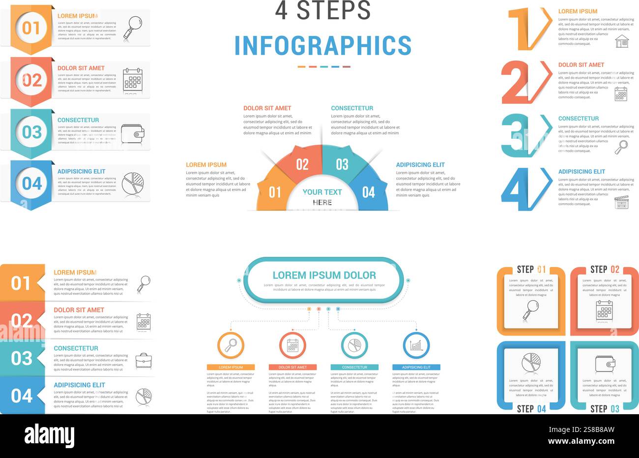 Six infographics templates with 4 steps or options, process chart ...