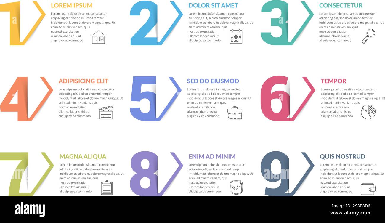 Set of nine numbers with place for your text, can be used as steps ...